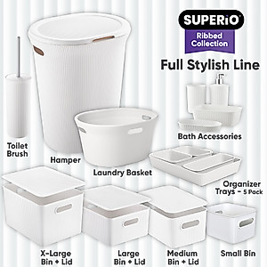 Superio Ribbed Collection - Superio Lid for Decorative Plastic Open Home Storage Bins Organizer Baskets, Medium White - for Organizing Closet Shelves Drawer Shelf 5 Liter