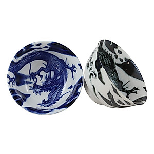 Ebros Gift Blue And Black Japanese And Chinese Longwei Dragons Ceramic Bowls Pack Of 4 Made In Japan Kitchen Dining Asian Cuisine Restaurant Supply Grade Microwave Dishwasher Safe 14oz Soup Salad Bowl