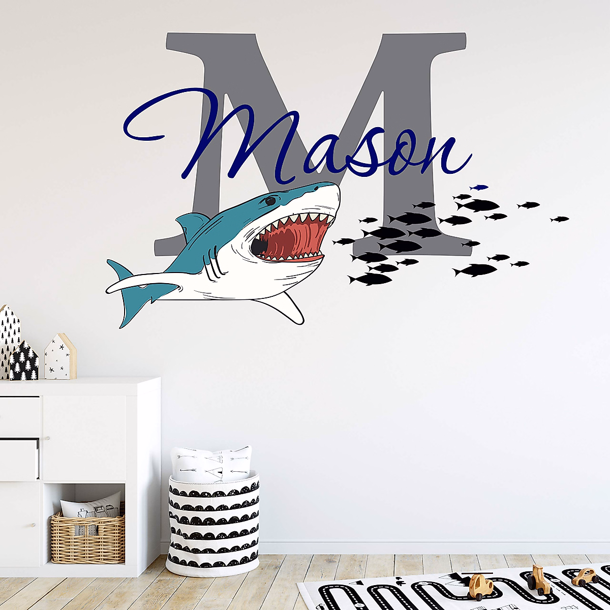 Boys Nursery Great White Shark Bite! Personalized Custom Name and Initial Vinyl Wall Decal, Decor Wall Stickers (Medium)