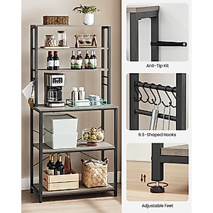 VASAGLE Coffee Bar, 31.5 Inches Baker's Rack for Kitchen with Storage, 6-Tier Kitchen Shelves with 6 Hooks, Microwave Stand, Industrial, Greige and Black UKKS019B02