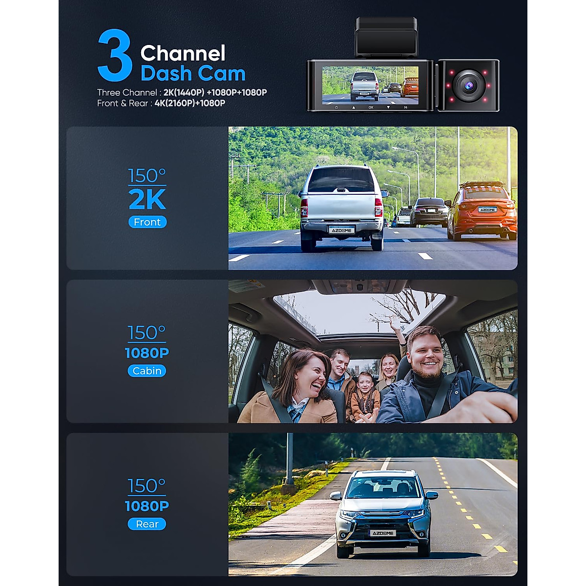 AZDOME 3 Channel 4K Dash Cam for Cars, 4K+1K Dash Cam Front and Rear, 1440P+1080P+1080P Triple Dash Cam, 3.19" IPS Screen, Built-in GPS WDR IR Night Vision, 24H Parking Mode, 64GB Card Included