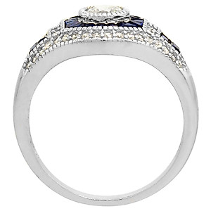 Sterling Silver Art Deco Ring Round CZ 5mm Synthetic Baguette Blue Sapphires 1/2 inch wide size 9