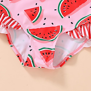 Tiny Cutey Toddler Girl Swimsuit Ruffled Stripe Sleeveless Swimwear One-Piece Baby Girl Bathing Suits (Pink-Watermelon, 12-18 Months)