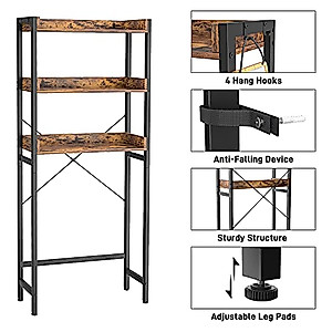 Ecoprsio Over-The-Toilet Storage Rack, 3-Tier Bathroom Organizer Shelf Over Toilet, Freestanding Space Saver Toilet Stands with 4 Hooks, Rustic Brown