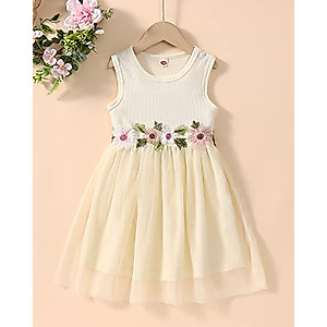 Toddler Girl Floral Tutu Dress Sleeveless Tulle Sundress Flower Princess Party Dresses for 2-6 Years(Beige, 4-5X)