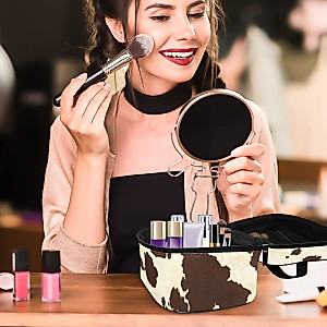 Women Large Professional Travel Makeup Bag Pouch with Big Cow Fur Print Pattern Print,Portable Train Cosmetic Case Organizer for Cosmetics Makeup Brushes Toiletry Jewelry Digital Accessories