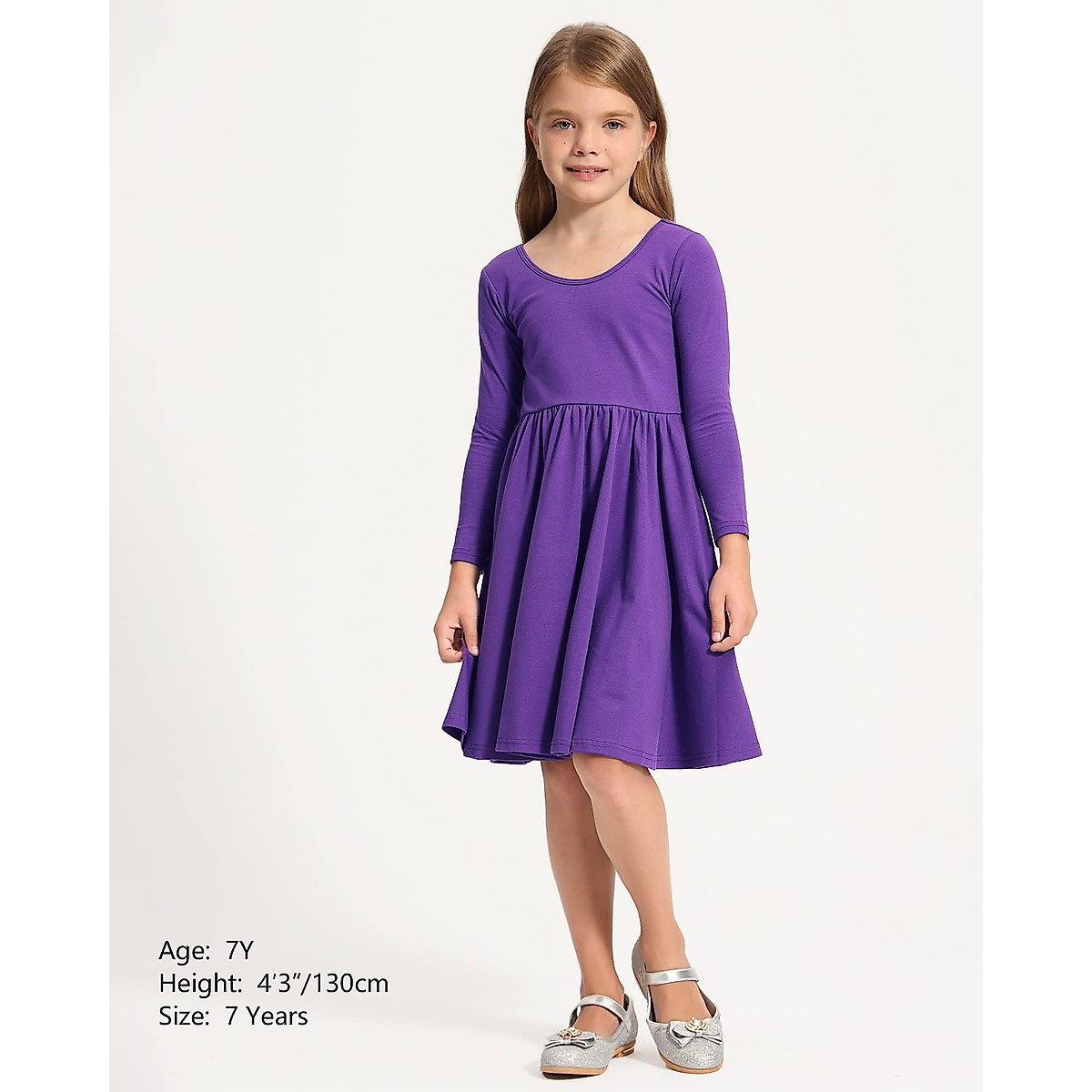 Stelle Long Sleeve Girls Dress Toddler Fall Dresses Skater Twirl Cotton A-Line Dress for School Casual Holiday Halloween(Purple, 7 Years)