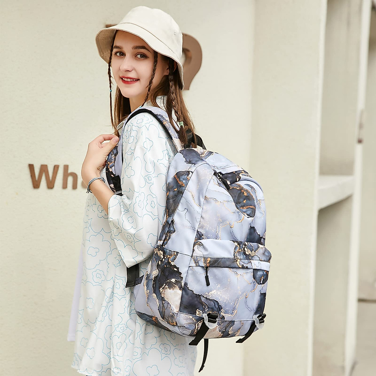 FUIWTTR Backpack for Girls School Bag Marble Lightweight Kids Backpacks Set Durable Bookbag with Lunch Bag for Teen Girls Student Teen High School Black