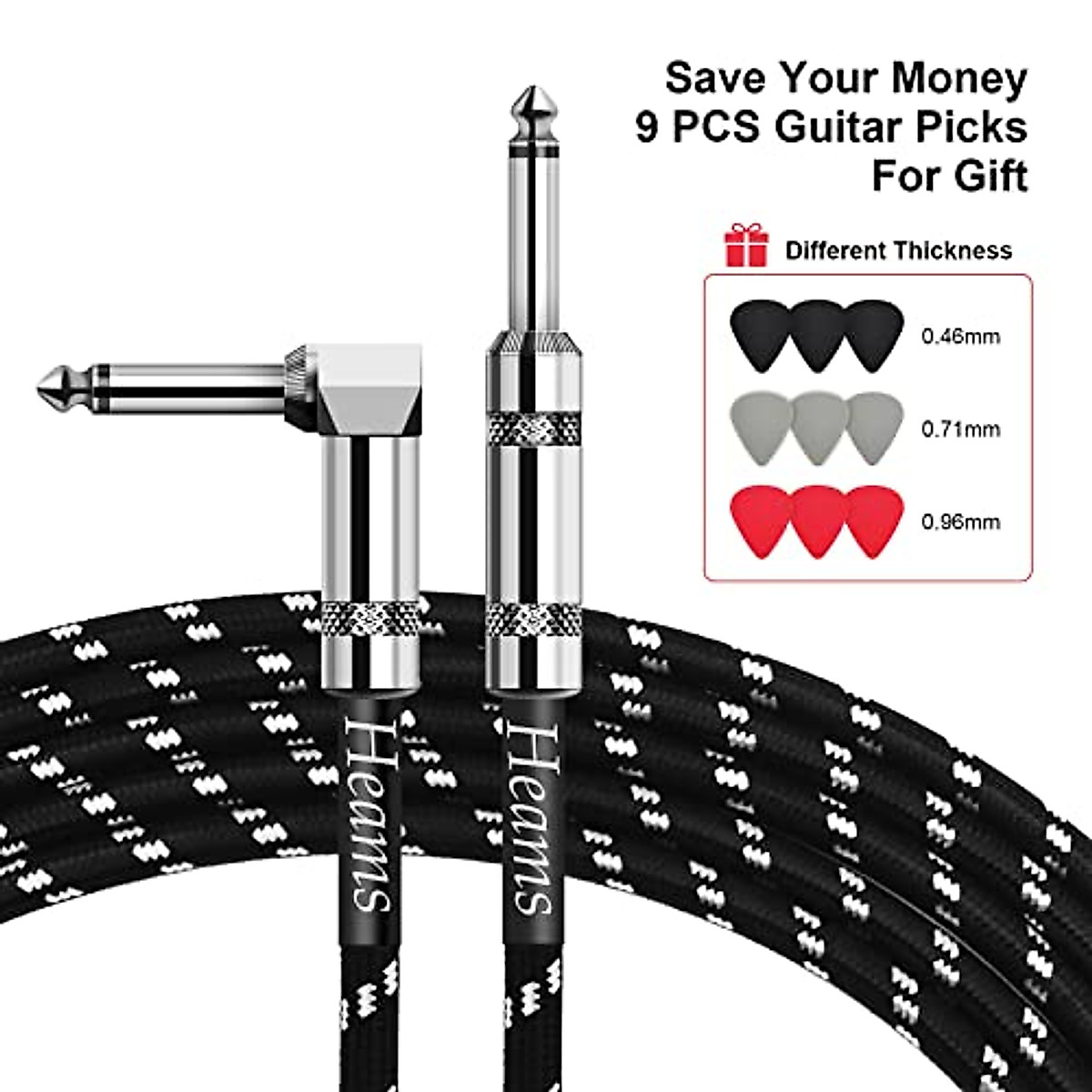 Heams Premium 10 FT Guitar Cable, 1/4 Inch Instrument Cable- Noise Free and Super Durable Guitar Chord- AMP Cord for Bass, Electric Guitar, Electric Mandolin, Right Angle