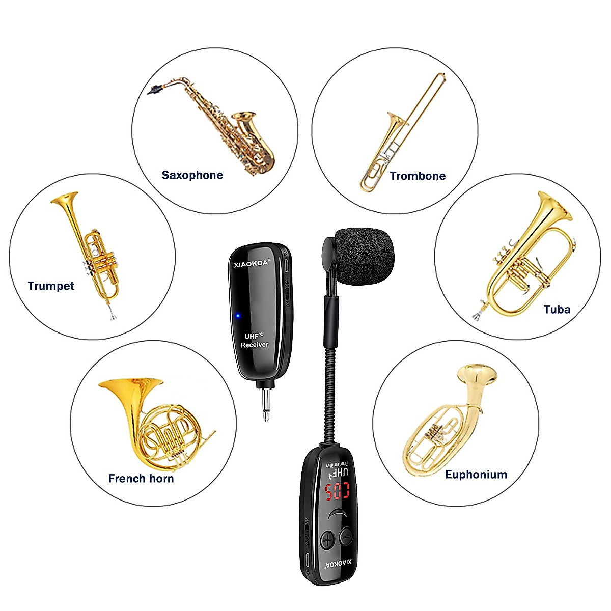 XIAOKOA UHF Wireless Instruments Microphone,Saxophone Microphone,Wireless Receiver and Transmitter,160ft Range,Plug and Play,Great for Trumpets, Clarinet, Cello
