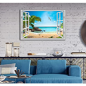 Large Beach Pictures Wall Art Canvas Print Artwork Blue Ocean Palm Tree Seascape Decor Living Room Bedroom Office with Framed 24 x36
