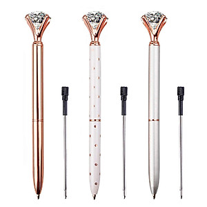 LONGKEY 3PCS Large Crystal Diamond Pen Bling Metal Ballpoint Pen Office and School, Silver / White Rose Polka Dot / Rose Gold, Including 3Pen Refills.
