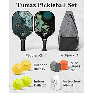 Tumaz Pickleball Paddles Set of 2, USAPA Approved Pickleball Set with Premium Honeycomb Core and Fiberglass Face Pickleball Rackets, 4 Pickle Balls, 2 Grip Tapes, and Portable Carry Bag Included