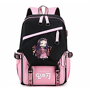 Luckbanjie 17'' Nezuko Backpack Tanjiro Anime School Book Bag Latop Backpacks (Pink-A)