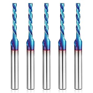 HQMaster 5 Pcs Spiral CNC Router Bits Set Down Cut 1/4” Shank Solid Carbide Spiral Downcut CNC Bits with Nano Blue Coating End Mill for Wood Cut Carving Engraver 1/8" Cutting Dia.