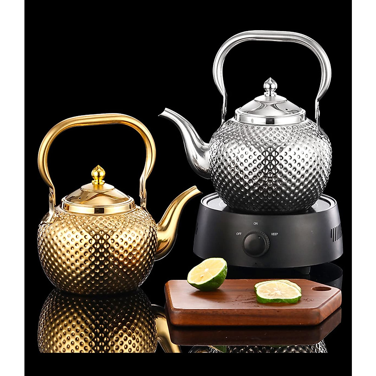 Alunsito Teapot for Stove Top, Stovetop Tea Kettle, Food Grade Stainless Steel Tea Kettle, 2.1qt Metal Tea Pot with Tea Strainer for Easy Tea, Coffee, Gold, 2 Liters