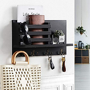 Nekon Mail Holder for Wall – Rustic Mail Organizer with Key Hooks for Hallway Kitchen Farmhouse Decor – Letter Sorter Made of Paulownia Wood with Floating Shelf, (16.5” x 9.1” x 3.4”)
