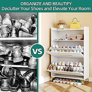 YITAHOME Shoe Cabinet with 2 Flip Drawers, Modern Shoe Storage Cabinet with Open Shelves for Entryway, Free Standing Hidden Shoe Rack Storage Organizer with Gold Metal Handle and Legs, White