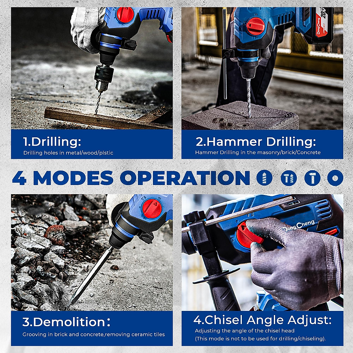 DongCheng 20V Max Cordless Rotary Hammer Drill, 7/8" SDS-Plus, 4 Application Modes, Brushless, 2.1 Joules, Cordless Demolition Hammer for Concrete, Including 4.0Ah Battery and Charger, 4 Drill Bits