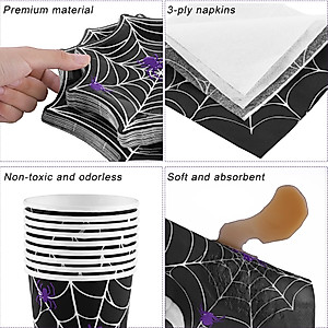durony 100 Pieces Halloween Spider Web Party Supplies Tableware Set Including Halloween Spiderweb Dinner Paper Plates Cups Napkins Serves for 25, Halloween Party Decorations