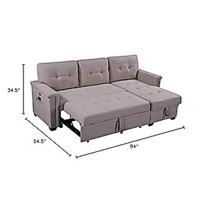 BOWERY HILL Light Gray Reversible Sleeper Sofa Storage Chaise USB Charging Port