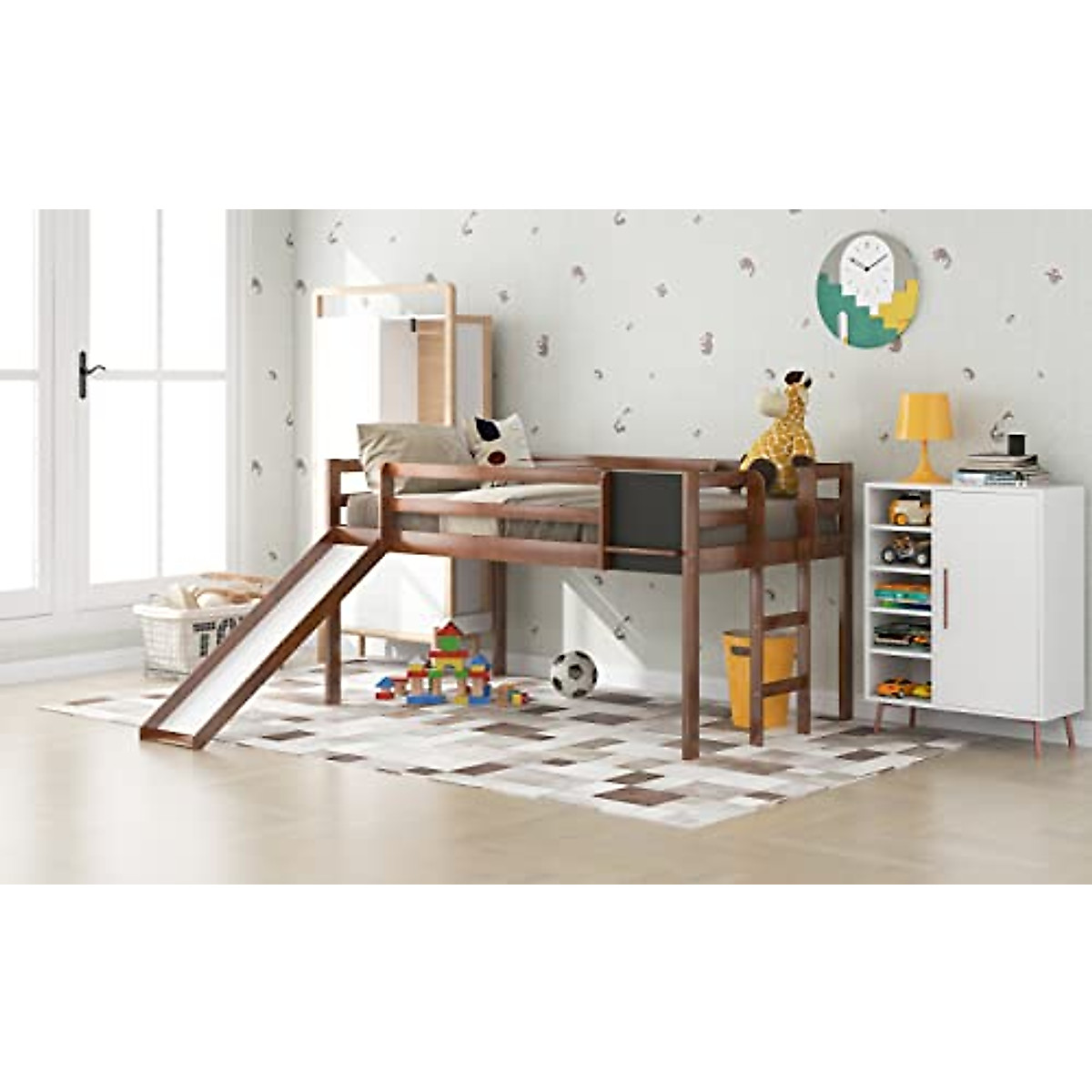 HABUHOME Twin Loft Bed with Slide, Wood Twin Size Loft Bed Frame with Stair and Chalkboard, Bedroom Furniture, Walnut