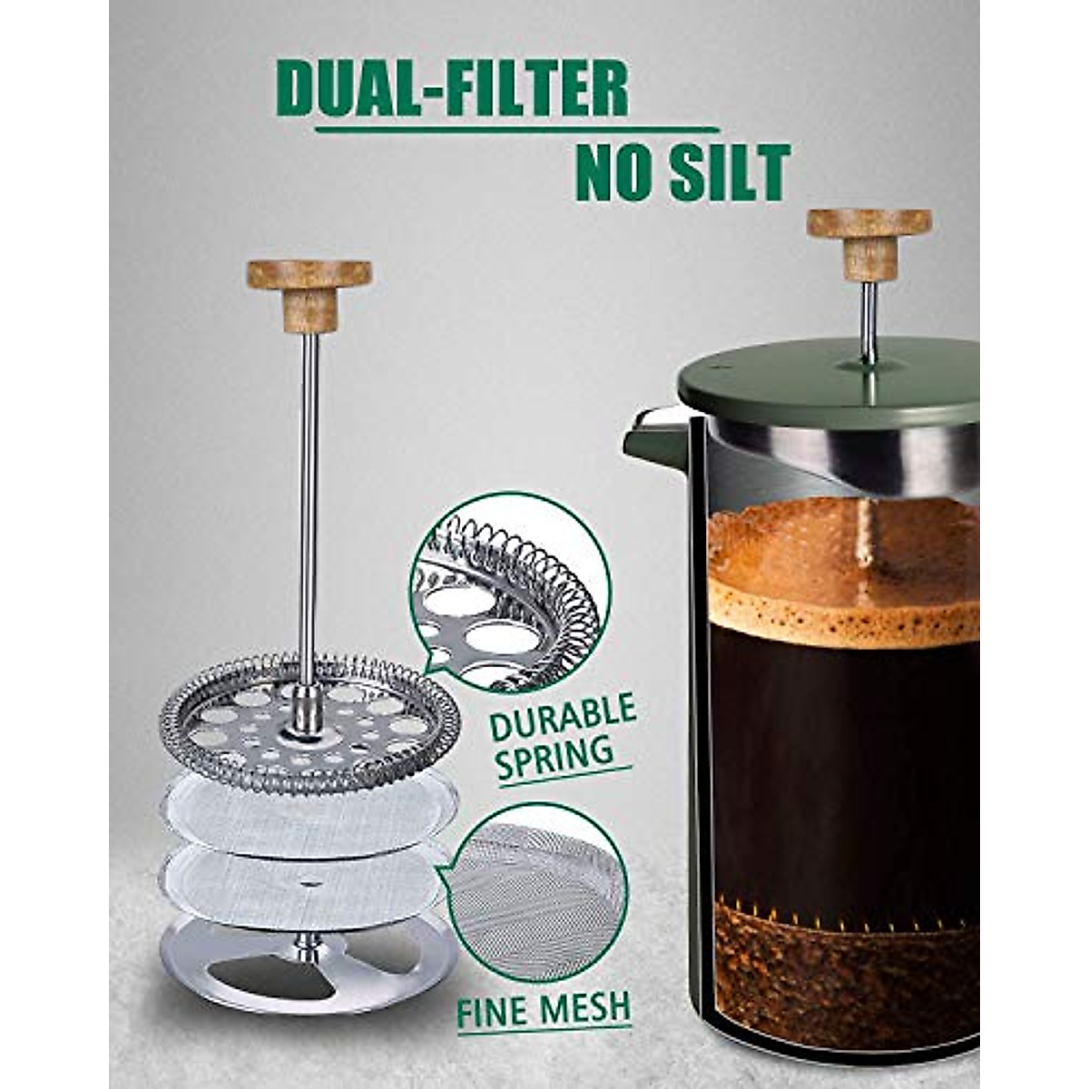 POLIVIAR French Press Coffee Maker, 34 oz Coffee Press with Real Wood Handle, Double Wall Insulation & Dual-Filter Screen, Food Grade Stainless Steel for Good Coffe and Tea (Flatland)