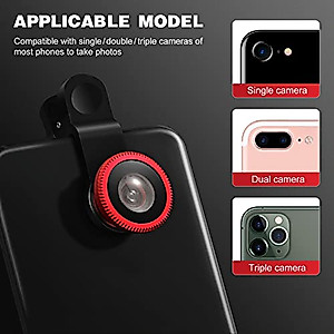 Hemobllo Portable Cell Phone Camera Lens Super Wide Angle Lens Macro Lens Fisheye Lens Clip on 3 in 1 Mobile Phone Lens Compatible for iPhone 6S/7/8/X (Red)