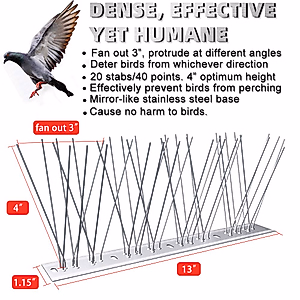 LANNEY Bird Spikes, 10 Strips Stainless Steel Bird Deterrent Pigeon Spikes for Outside to Keep Birds Away, Anti Bird Repellent Spikes Control Kit Cover 10.8 Feet, Unassembled