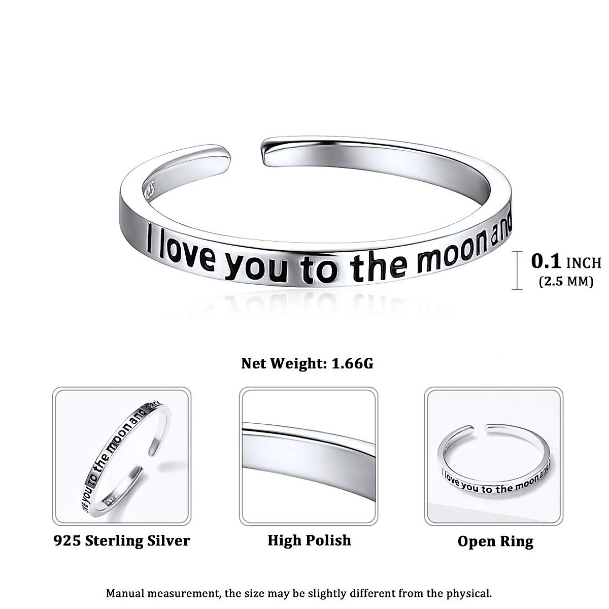 ChicSilver Sterling Silver Ring, Engraved I Love You to The Moon and Back Eternity Ring Open Adjustable Rings for Women Men