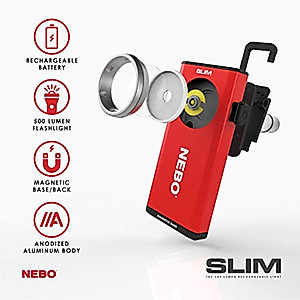 NEBO Slim Work Light, USB Rechargeable Bright Pocket Light with Clip, Hook and Magnetic Base for Hands-Free Lighting Portable COB LED Dimmable Flashlight 500 Lumens -Red