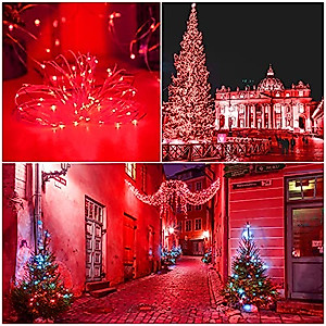 YAOZHOU Red Solar Christmas String Lights Outdoor Waterproof Decorations 100 LED（2 Pack） 8 Modes Copper String Lights Fairy Lights for Valentine's Day, Garden, Patio, Fence, Balcony