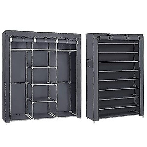 SONGMICS Portable Clothes Closet Bundle with 10-Tier Shoe Rack, Non-Woven Fabric Wardrobes with Dustproof Cover, Closet Storage Organizers, Gray, URYG12GY and URXJ36G