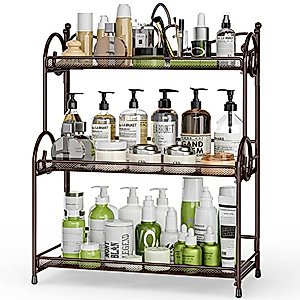 EKNITEY Bathroom Organizer Shelf Countertop - Kitchen Counter Organizer 3 Tier Bathroom Counter Shelves for Makeup Vanity Organizer Brown (No Assembly)