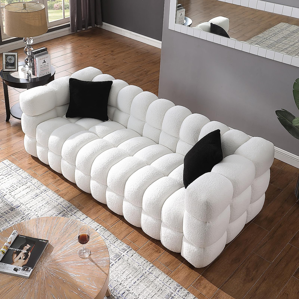 kevinplus 84'' White Sofa Couch Cloud Boucle Sofa Couch Chesterfield Sofa Couch for Living Room, Modern 3-Seat Upholstered Sectional Sofa Couch for Apartment Bedroom Dorm Office, Medium-Soft