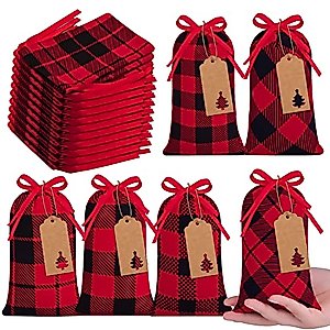 Aneco 24 Pieces Mini Buffalo Plaid Christmas Bags 5.9 x 3.9 Inches Red and Black Cotton Xmas Present Drawstring Bags with 24 Pieces Kraft Tags for Christmas Gifts Candy Cookies