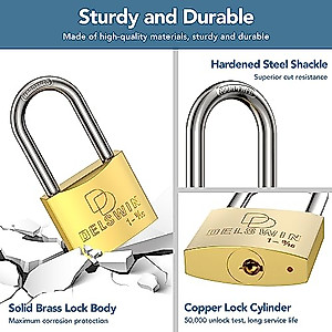 DELSWIN Brass Padlock with Same Keys - Heavy Duty Solid Brass Locker Lock with 1-4/5 in. Long Shackle, Marine Grade Pad Lock for Outdoor Gate, Fence, Shed (2 Locks with 4 Keys)