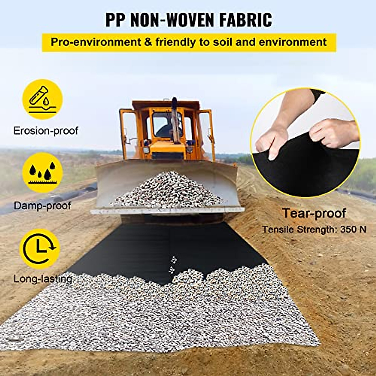 VEVOR Geotextile Landscape, 10ft x 100ft 8 oz Non-Woven PP Drainage 350N Tensile Strength & 440 N Load Capacity, for Ground Cover, Garden Fabric, French Drains, Black