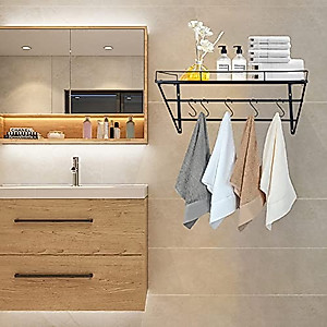 FLRH Kitchen Wall Mounted Pot Rack, 23.6 Inch Metal Kitchen Storage Shelf, 2 Tier Hanging Rails with 10 Hooks Floating Shelves (Black)