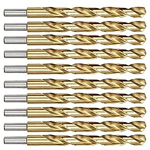 Oxtul, 10pcs 1/2 inch x 6 inch Titanium Drill Bits, High Speed Steel Twist Drill Bits, Jobber Length, Round Shank. Ideal for DIY, Home, General Building and Engineering Using.