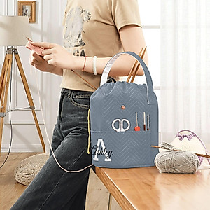 Personalized Yarn Bag Portable Knitting Bag, Custom Name Crochet Tote Bag Travel Yarn Storage Organizer for Crochet Accessories, Supplies, Needles, Slate Gray