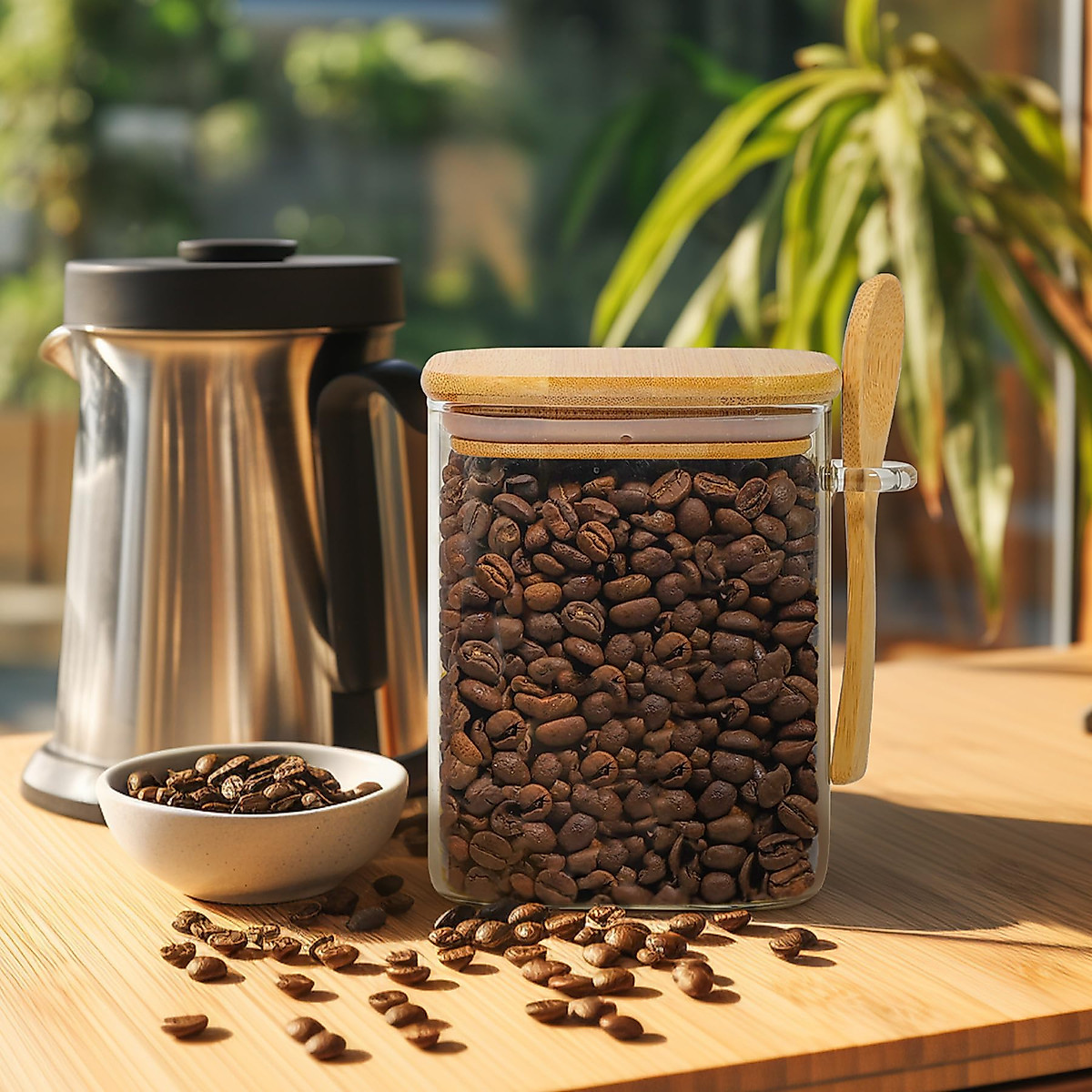 ComSaf 31oz Glass Jars with Bamboo Lids & Spoons Set of 4, Square Glass Containers with Lids, Sugar Coffee Containers Salt Spice Jars, Pantry Storage Container for Loose Tea, Candy, Brown Sugar, Nuts