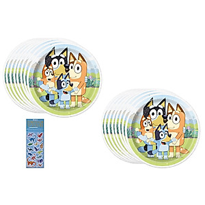 Bluey Birthday Party Supplies Bundle Pack includes Lunch Paper Plates - 16 Count and 1 Dinosaur Sticker Sheet