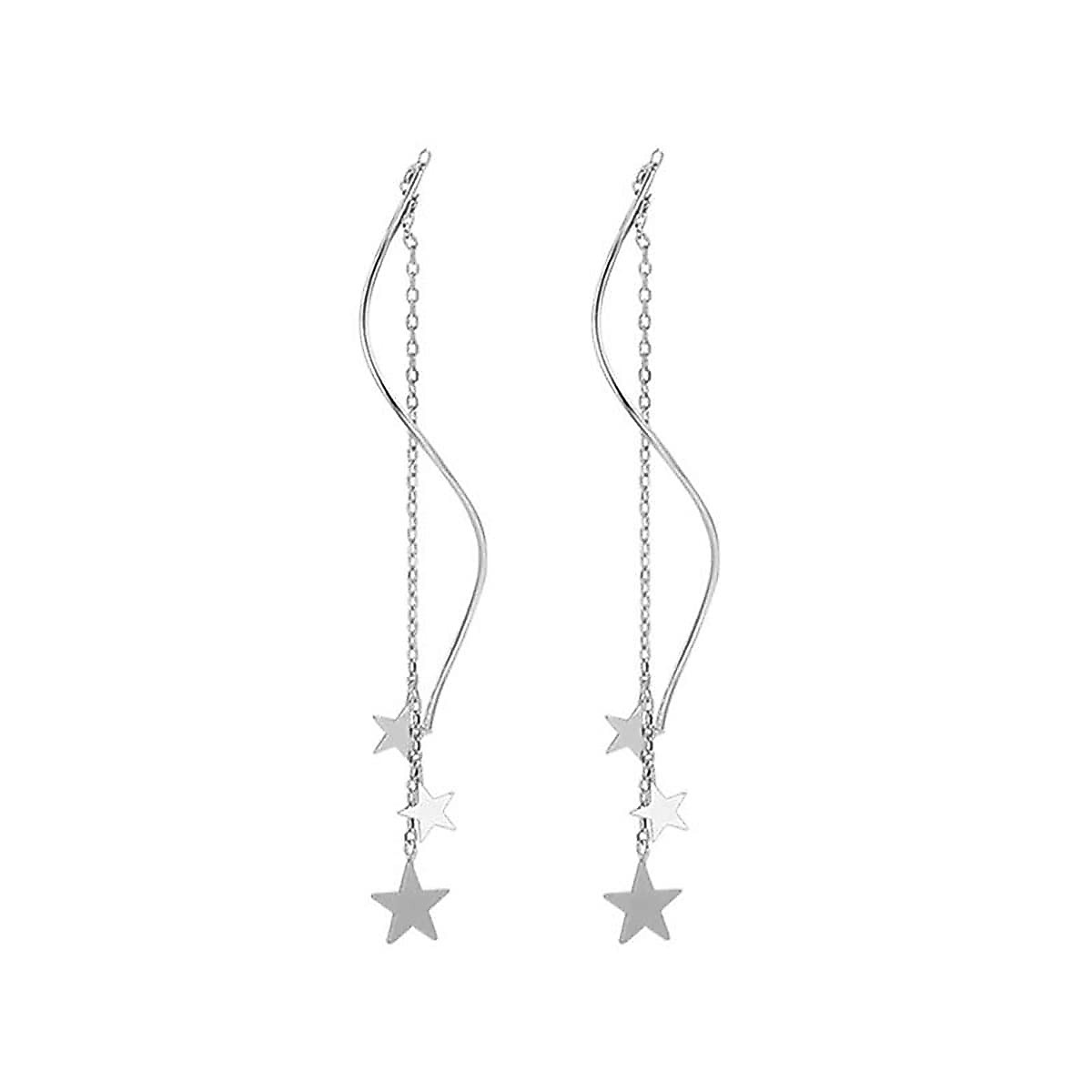 SLUYNZ Sterling Silver Stars Dangle Earrings Chain for Women Curve Stars Dangle Earrings Long Threader (A-Silver)