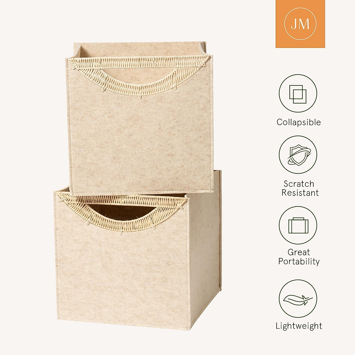 La Jolie Maison 2 Pack Foldable Oatmeal Felt Cube Bins, 13 Inch Storage Cube with Rattan Handle, Decorative Storage Bins for Closet Toys Bedroom