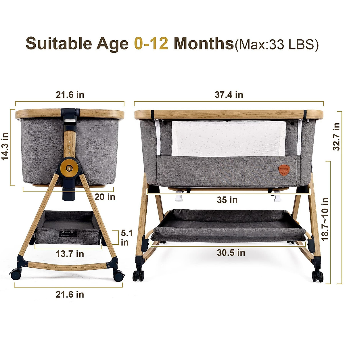 Maydolly Baby Bedside Sleeper, Rocking Bassinets Bedside with Storage Basket and Wheels, Baby Crib Adjustable Height Portable Baby Bed for Newborn Infant (Grey)