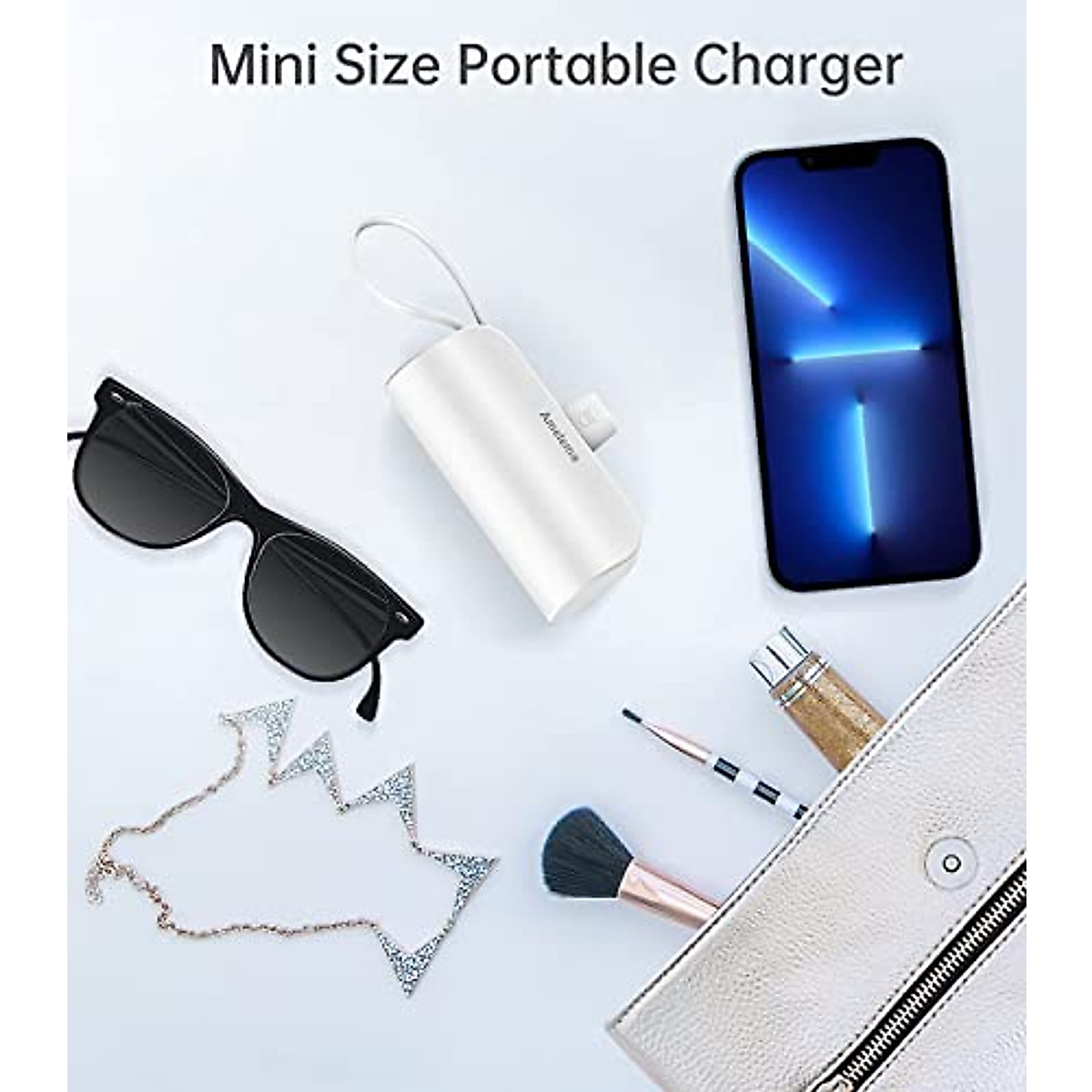 amelema Small Portable Charger for iPhone, 5000mAh Mini Power Bank with Built-in Cable/Metal Stand, Cute Battery Pack Compatible with iPhone 14/14 Plus/Pro Max/13/12/11/XS/XR/X/8/7/Airpods (White)