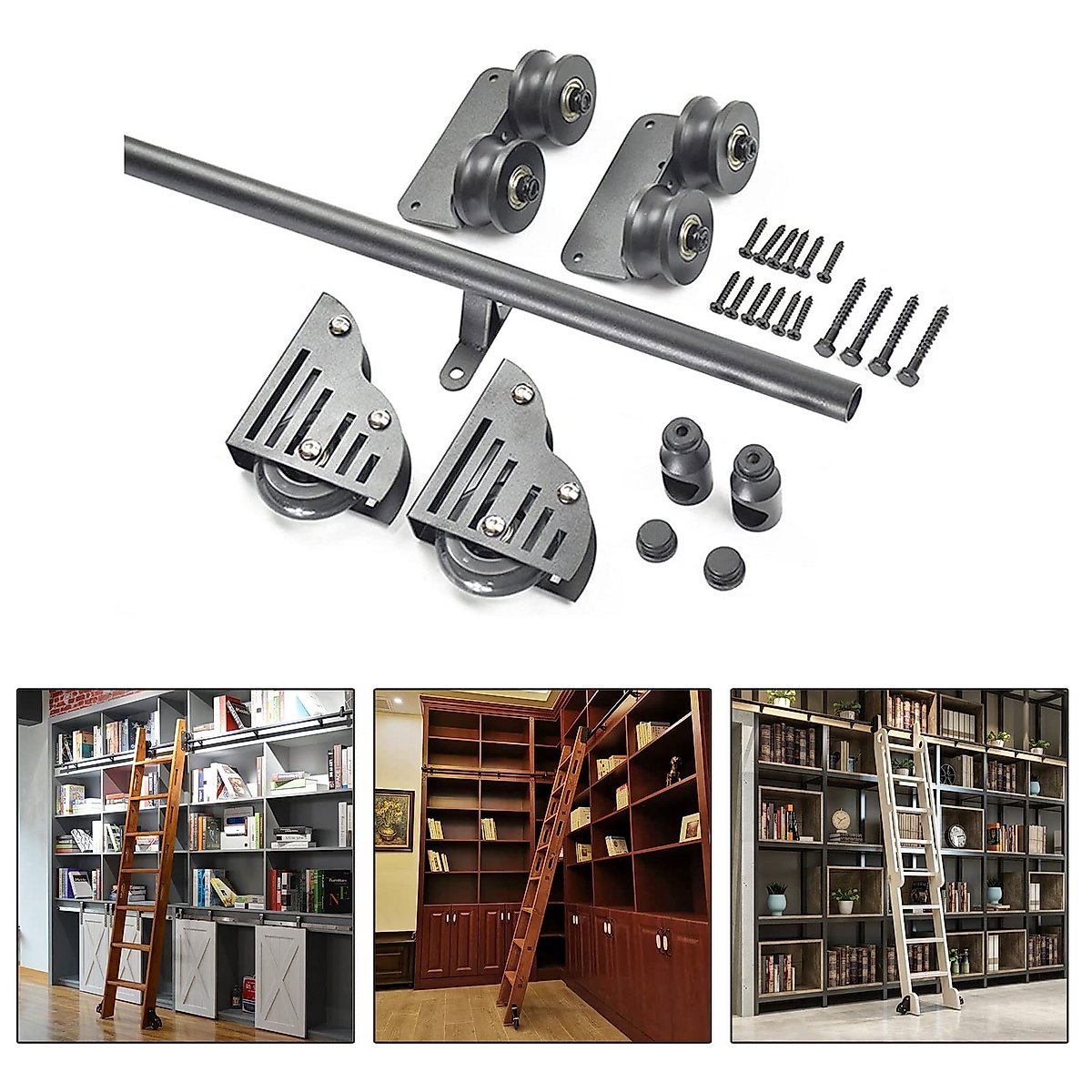 Rolling Ladder Hardware (No Ladder) Sliding Barn Door Kit 3.3ft-20ft Rolling Ladder Hardware Library Sliding Ladder Hardware Kit Round Track/Rail, with Floor Roller Wheels(No Ladder) ( Size : 3.3ft/10