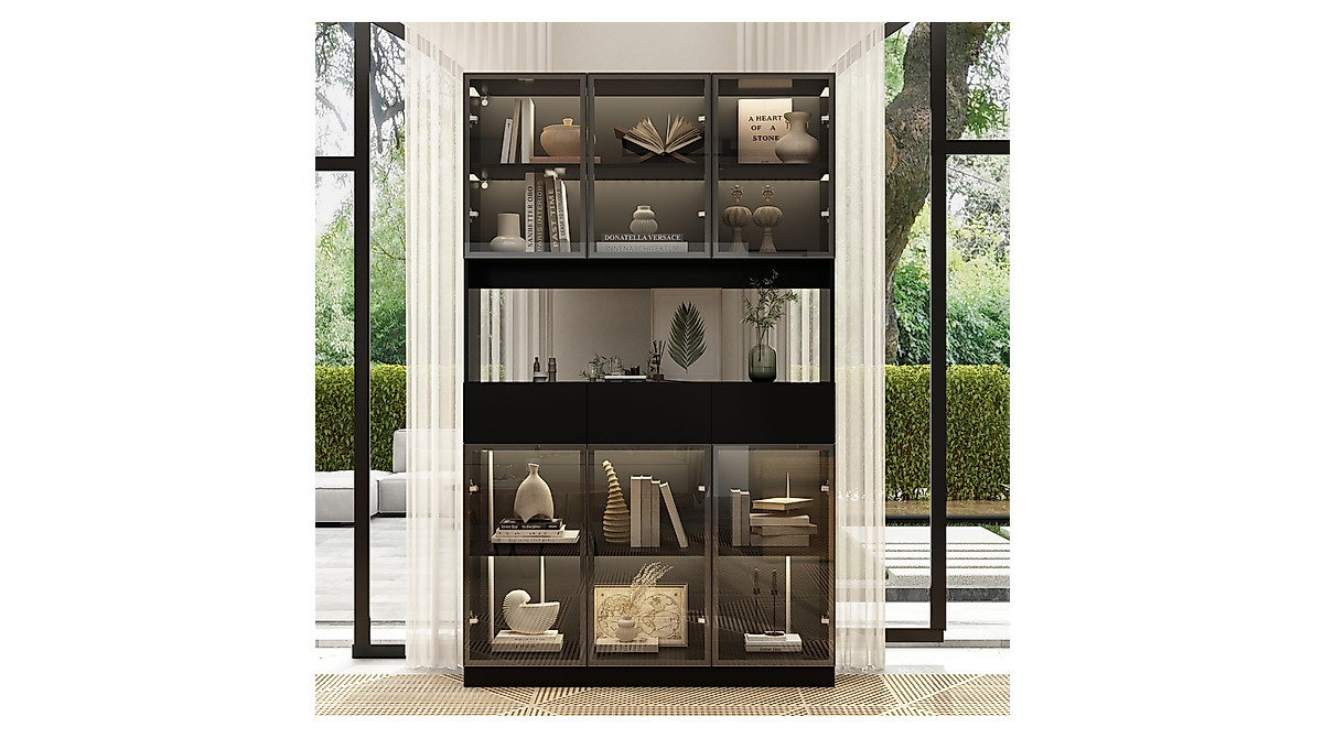 Hitow Glass Door Cabinet with Lights & Storage Shelves | Modern Organizer