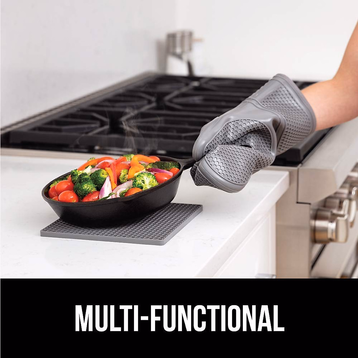Gorilla Grip Cutting Board Set of 3 and Silicone Oven Mitt and Pot Holder 4 Piece Set, Includes Cooking Mitts and Trivet Mats, Cutting Boards are, Both in Gray Color, 2 Item Bundle